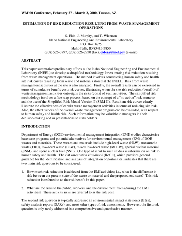 (PDF) Estimation of Risk Reduction Resulting from Waste Management ...