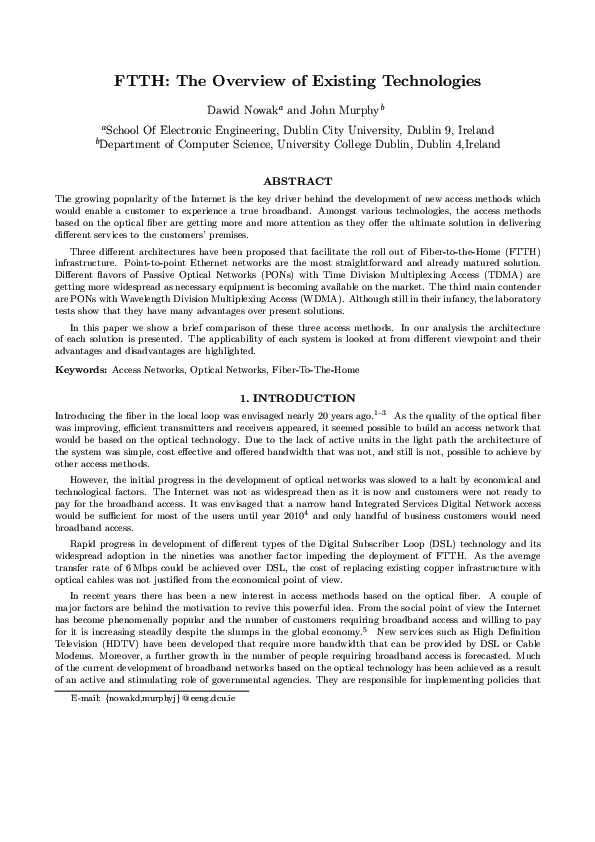 (PDF) FTTH: the overview of existing technologies