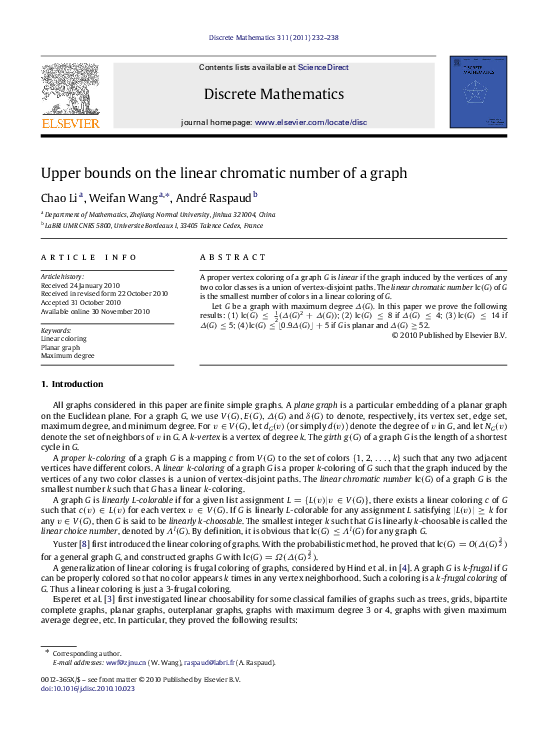 (PDF) Upper bounds on the linear chromatic number of a graph