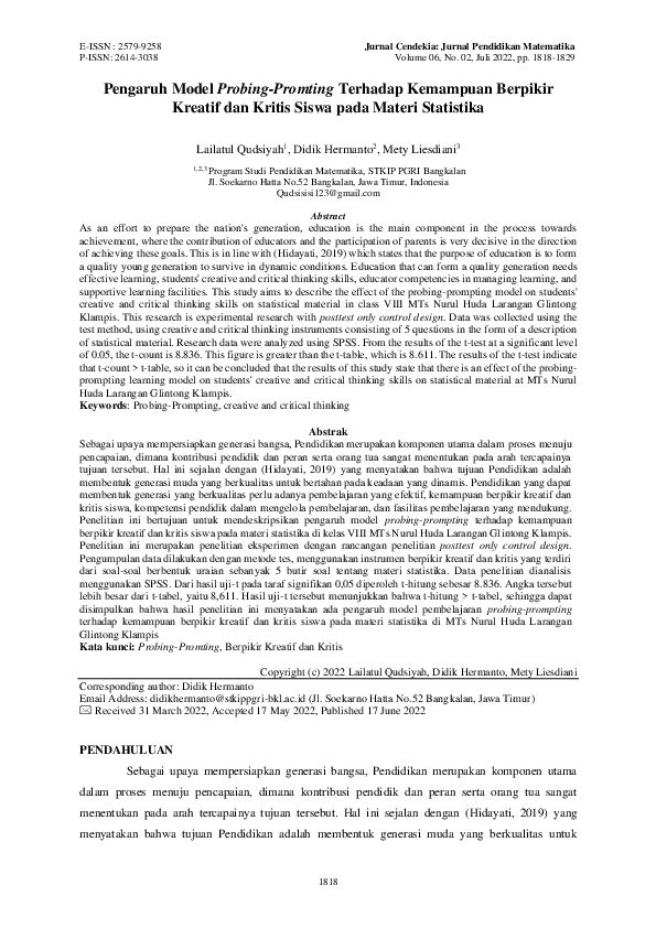 (PDF) Probing-Prompting Pengaruh Model Probing-Promting Terhadap Kemampuan Berpikir Kreatif dan ...