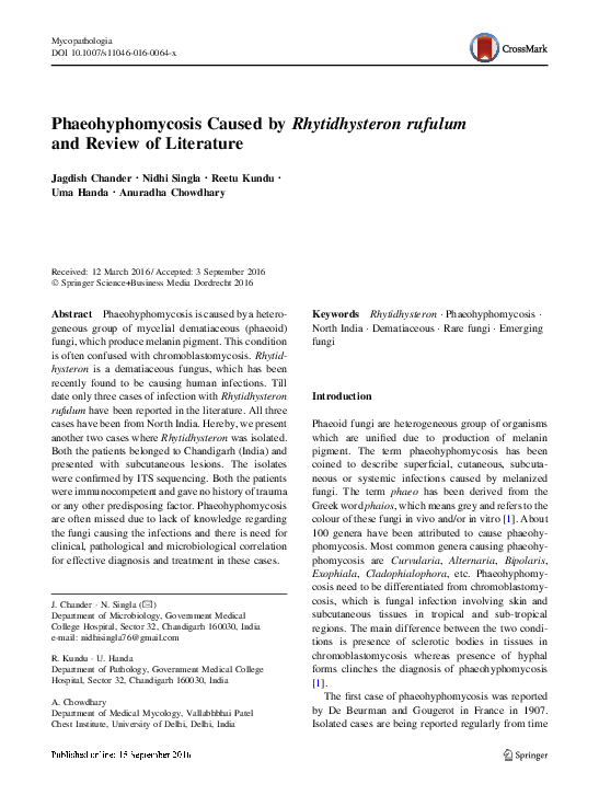 (PDF) Phaeohyphomycosis Caused by Rhytidhysteron rufulum and Review of ...