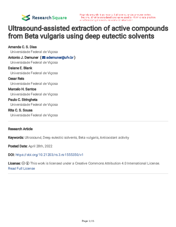 (PDF) Ultrasound-assisted extraction of active compounds from Beta vulgaris using deep eutectic ...