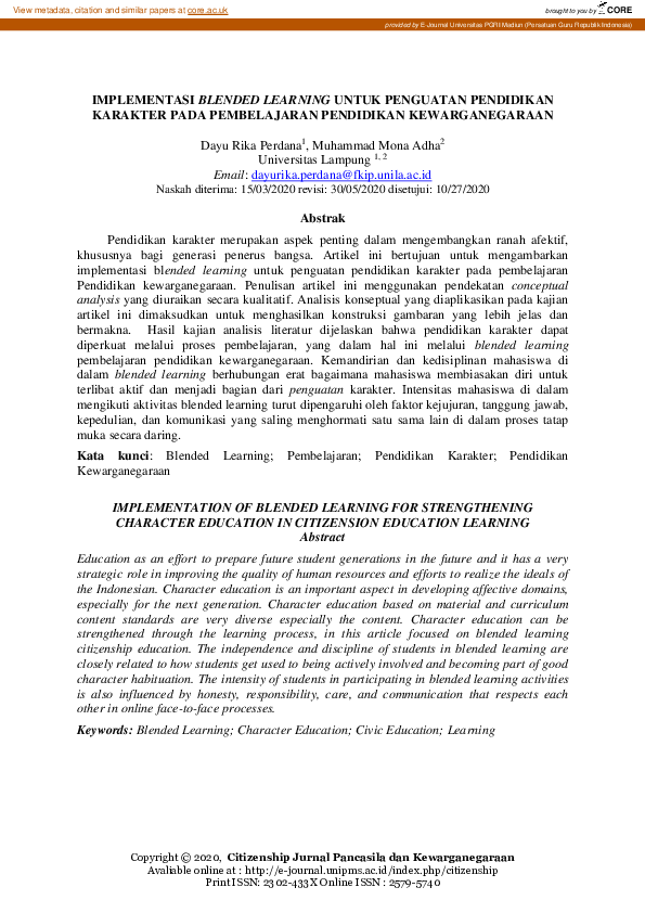 (PDF) Implementasi Blended Learning Untuk Penguatan Pendidikan Karakter Pada Pembelajaran ...