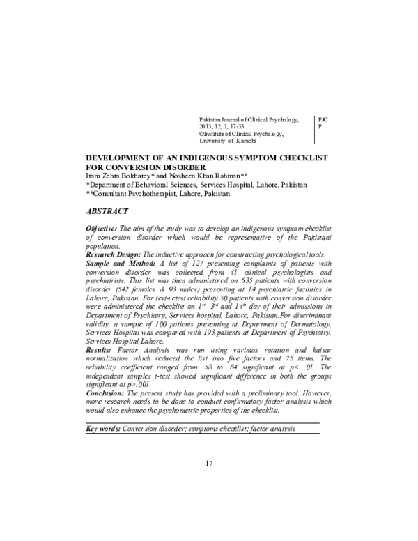 (DOC) DEVELOPMENT OF AN INDIGENOUS SYMPTOM CHECKLIST FOR CONVERSION ...