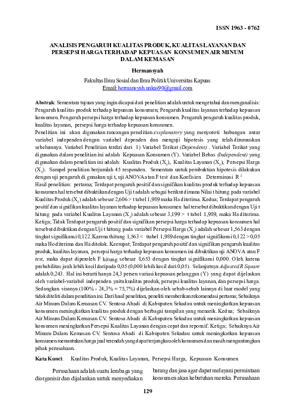 (PDF) Analisis Pengaruh Kualitas Produk, Kualitas Layanan Dan Persepsi Harga Terhadap Kepuasan ...