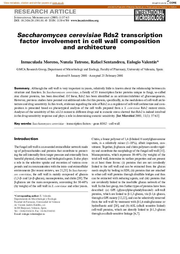 (PDF) Saccharomyces cerevisiae Rds2 transcription factor involvement in ...