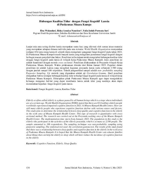 (PDF) Hubungan Kualitas Tidur dengan Fungsi Kognitif Lansia di Puskesmas Muara Kumpe