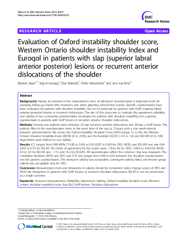 (PDF) Evaluation of Oxford instability shoulder score, Western Ontario ...
