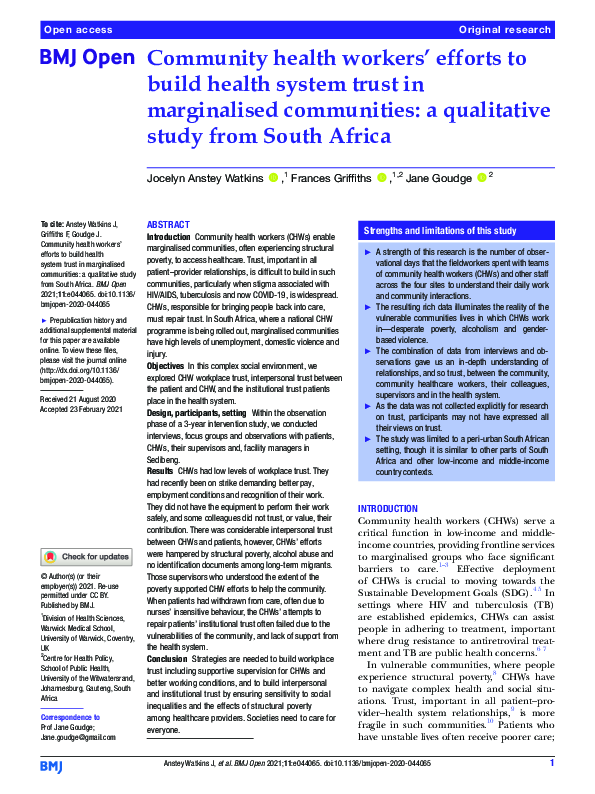 (PDF) Community health workers’ efforts to build health system trust in ...