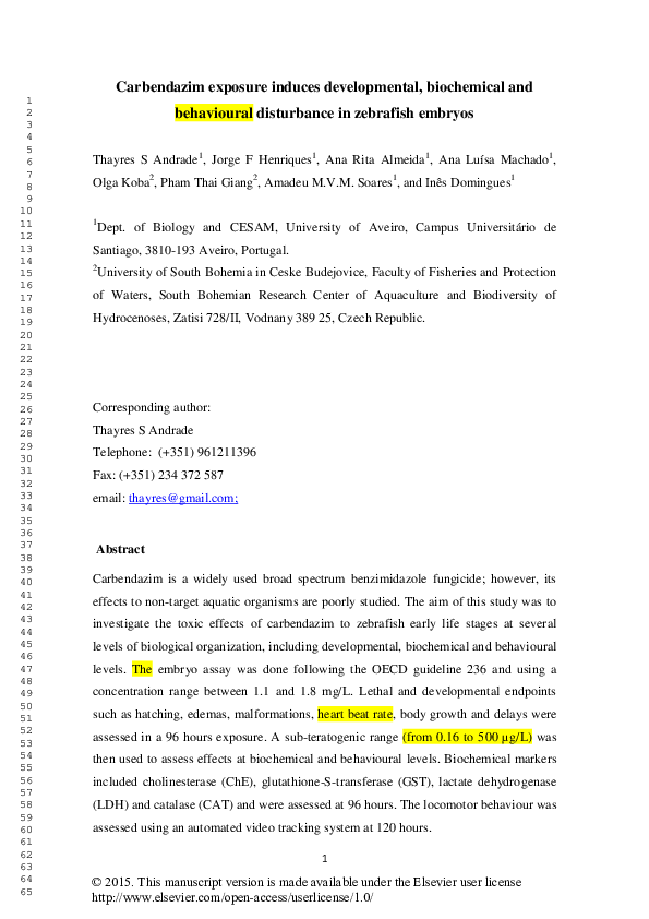 (PDF) Carbendazim exposure induces developmental, biochemical and ...