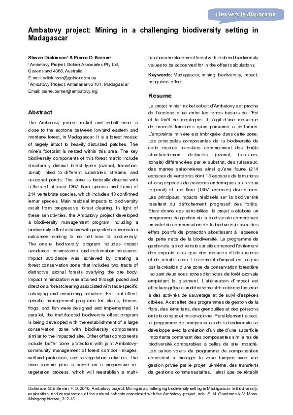 (PDF) Ambatovy project: mining in a challenging biodiversity setting in ...