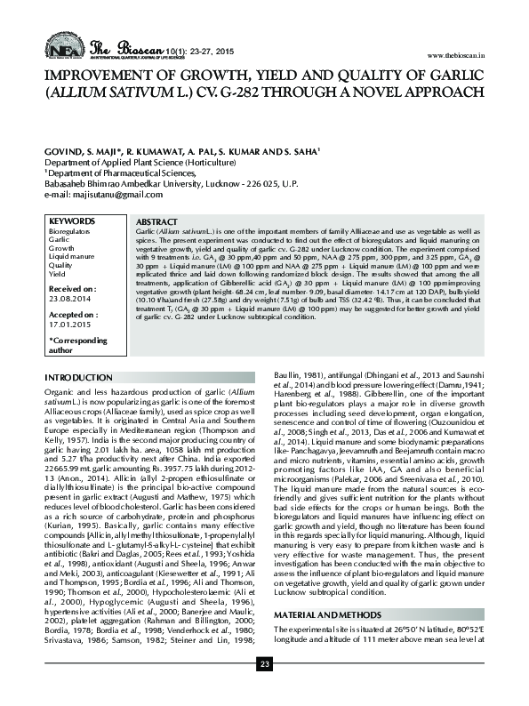 (PDF) Improvement Of Growth, Yield And Quality Of Garlic (Allium ...