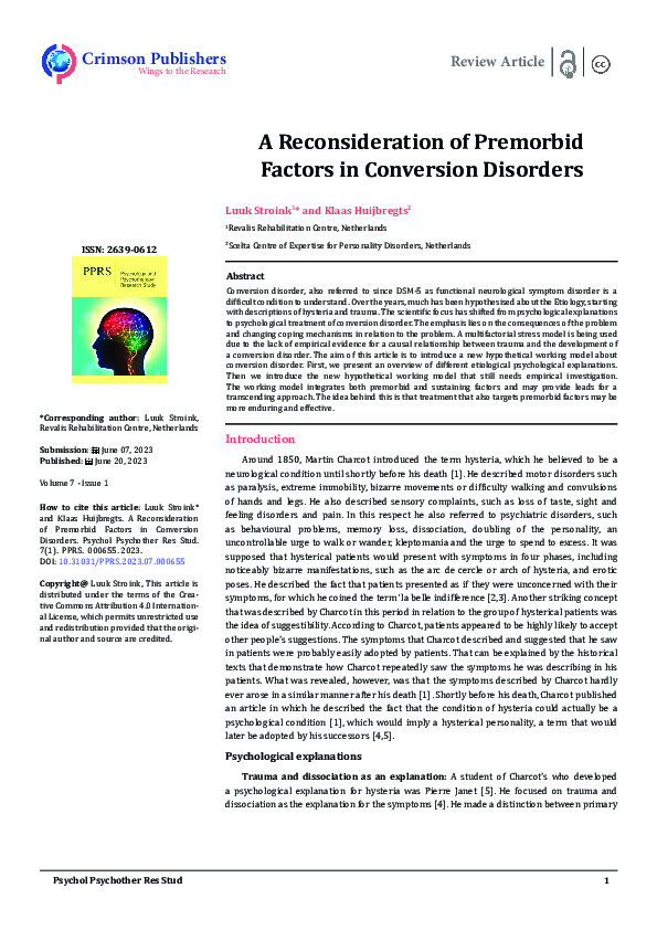 (PDF) A Reconsideration of Premorbid Factors in Conversion Disorders