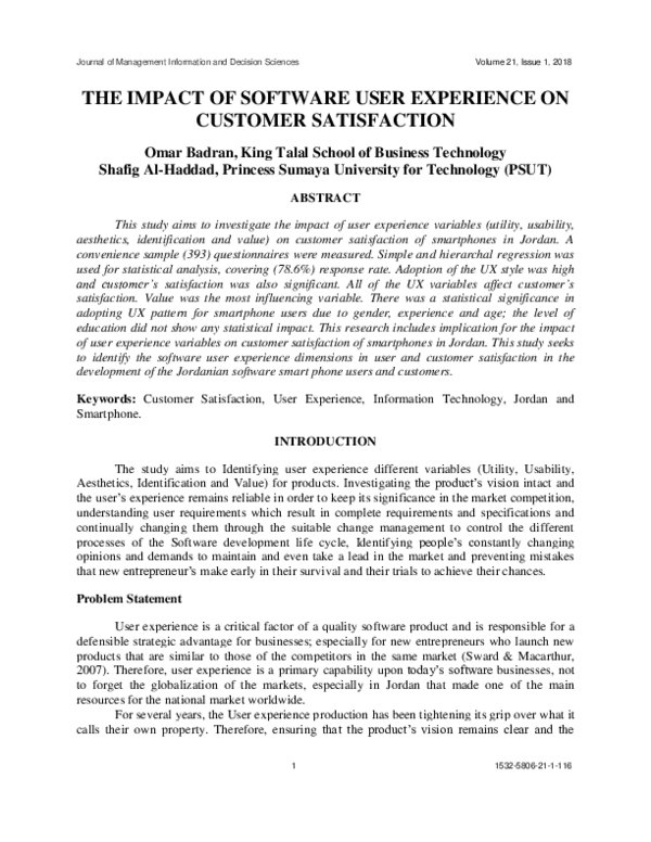 (PDF) The Impact of Software User Experience on Customer Satisfaction