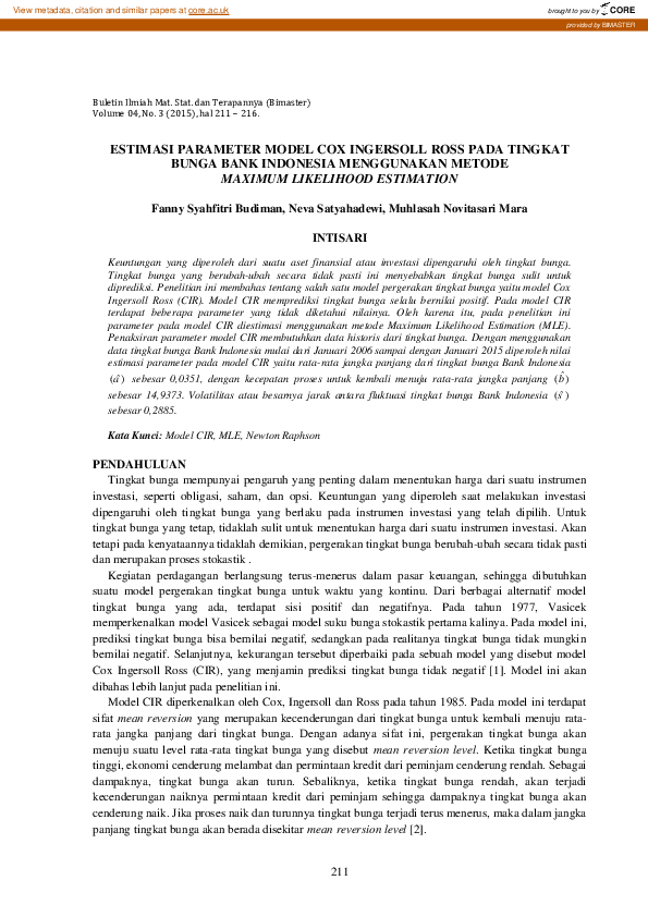 (PDF) Estimasi Parameter Model Cox Ingersoll Ross Pada Tingkat Bunga Bank Indonesia Menggunakan ...