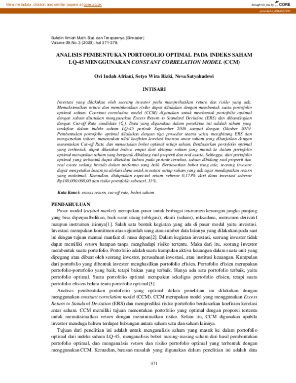 Pdf Analisis Pembentukan Portofolio Optimal Pada Indeks Saham Lq 45 Menggunakan Constant