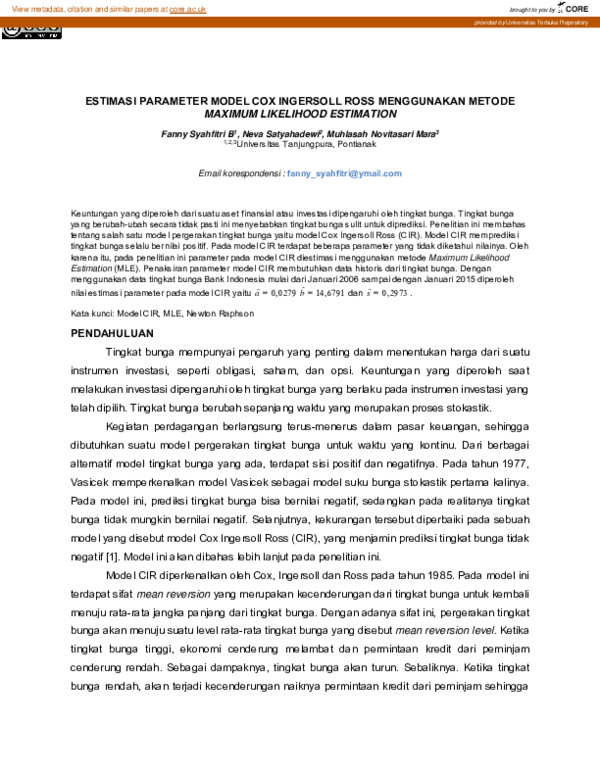 (PDF) Estimasi Parameter Model Cox Ingersoll Ross Menggunakan Metode Maximum Likelihood Estimation