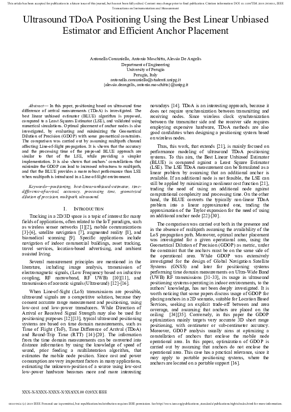 (PDF) Ultrasound TDoA Positioning Using the Best Linear Unbiased Estimator and Efficient Anchor ...