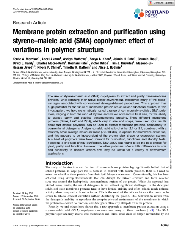 (PDF) Membrane protein extraction and purification using styrene–maleic acid (SMA) copolymer ...