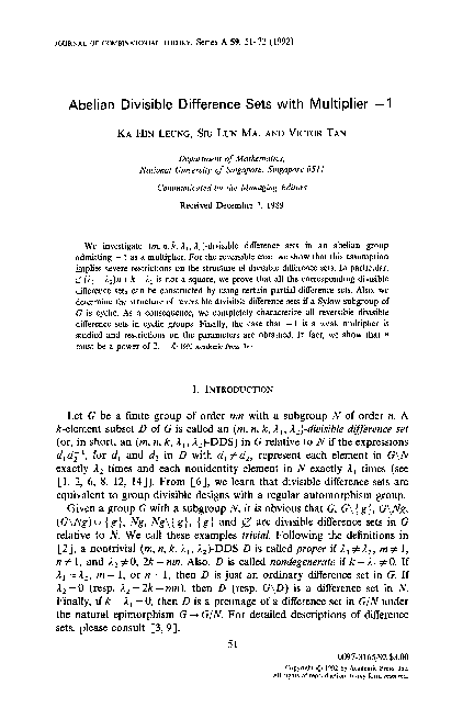 (PDF) Abelian divisible difference sets with multiplier −1