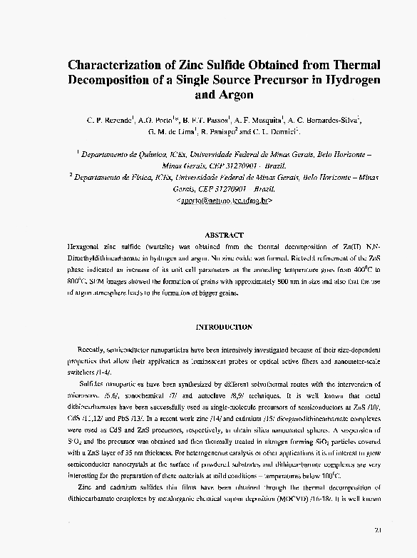 (PDF) Characterization of Zinc Sulfide Obtained from Thermal Decomposition of a Single Source ...
