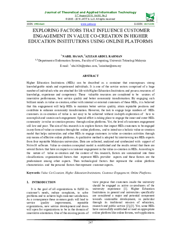 (PDF) Exploring factors that influence customer engagement in value co-creation in higher ...
