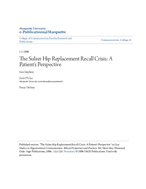 (PDF) The Sulzer Hip Replacement Recall Crisis: A Patient's Perspective