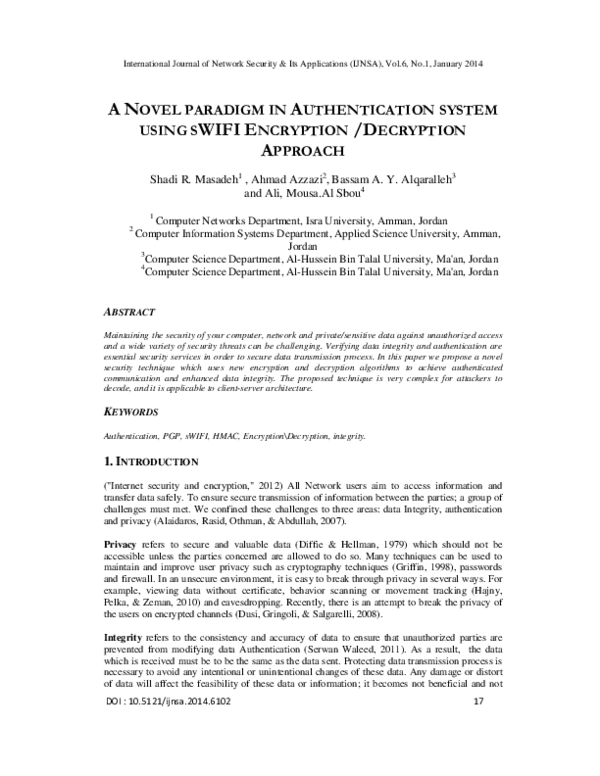 (PDF) A Novel Paradigm in Authentication System Using Swifi Encryption /Decryption Approach