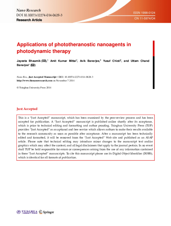 (PDF) Applications of phototheranostic nanoagents in photodynamic therapy