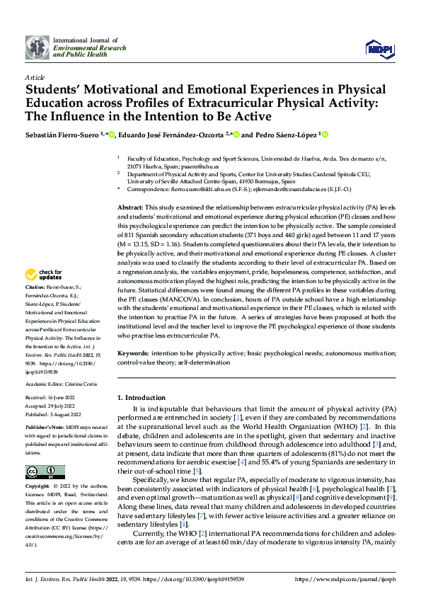 (PDF) Students’ Motivational and Emotional Experiences in Physical Education across Profiles of ...