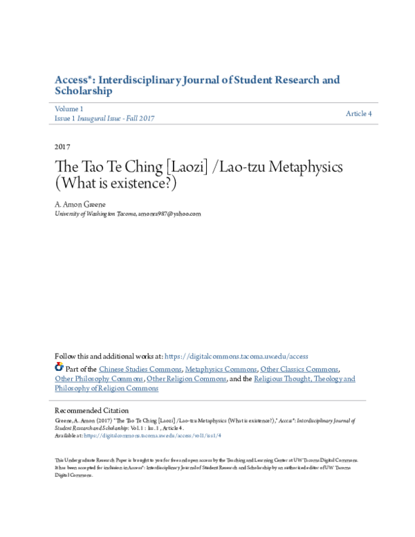 (PDF) The Tao Te Ching [Laozi] /Lao-tzu Metaphysics (What is existence?)