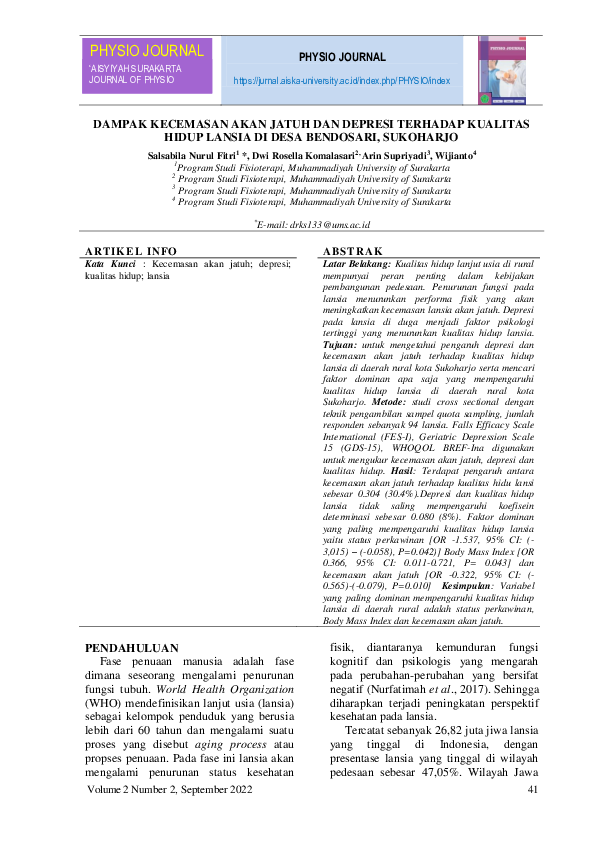 (PDF) Dampak Kecemasan Akan Jatuh Dan Depresi Terhadap Kualitas Hidup Lansia DI Desa Bendosari ...