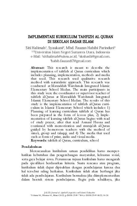 (PDF) Implementasi Kurikulum Tahfizh Al Quran DI Sekolah Dasar Islam