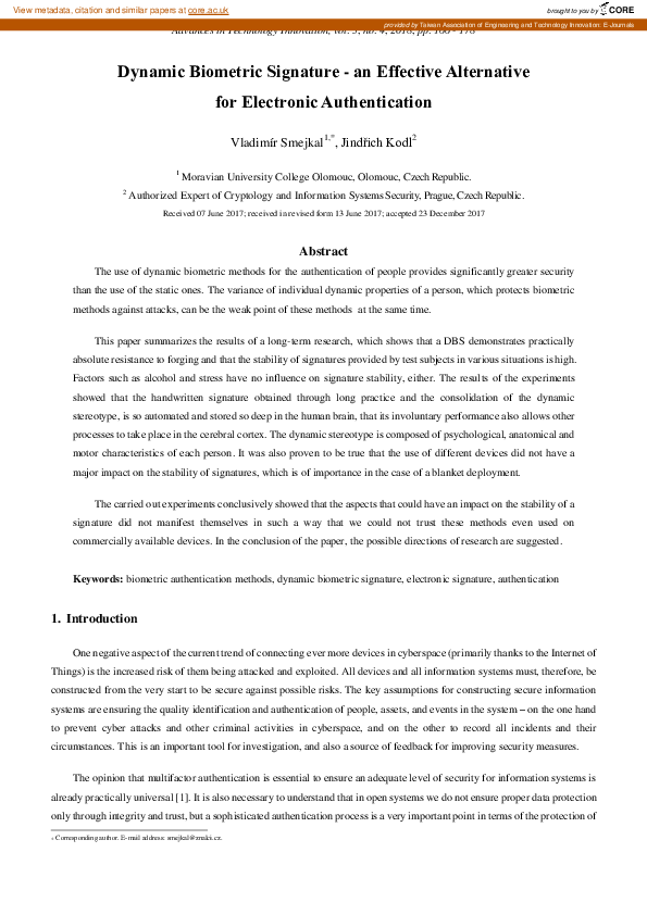 (PDF) Dynamic Biometric Signature - an Effective Alternative for Electronic Authentication