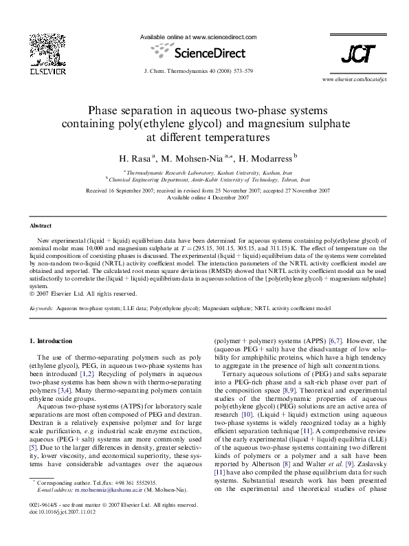 (PDF) Phase separation in aqueous two-phase systems containing poly(ethylene glycol) and ...