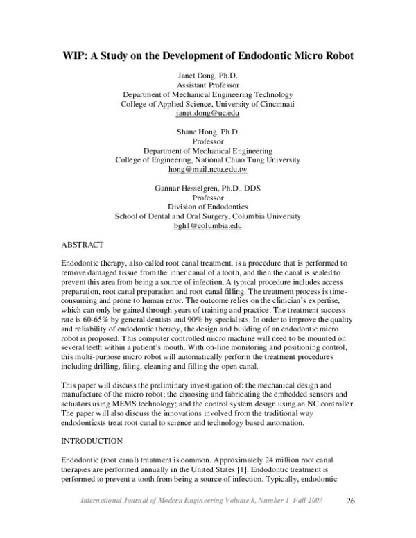 (PDF) The Development of Endodontic Micro Robot