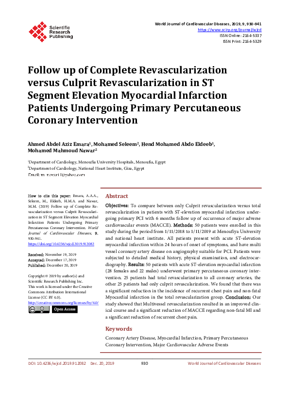 (PDF) Follow up of Complete Revascularization versus Culprit Revascularization in ST Segment ...