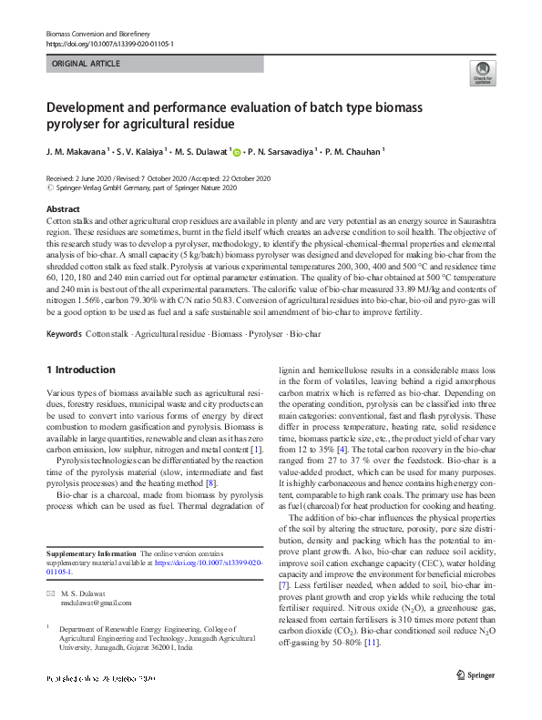 (PDF) Development and performance evaluation of batch type biomass pyrolyser for agricultural ...