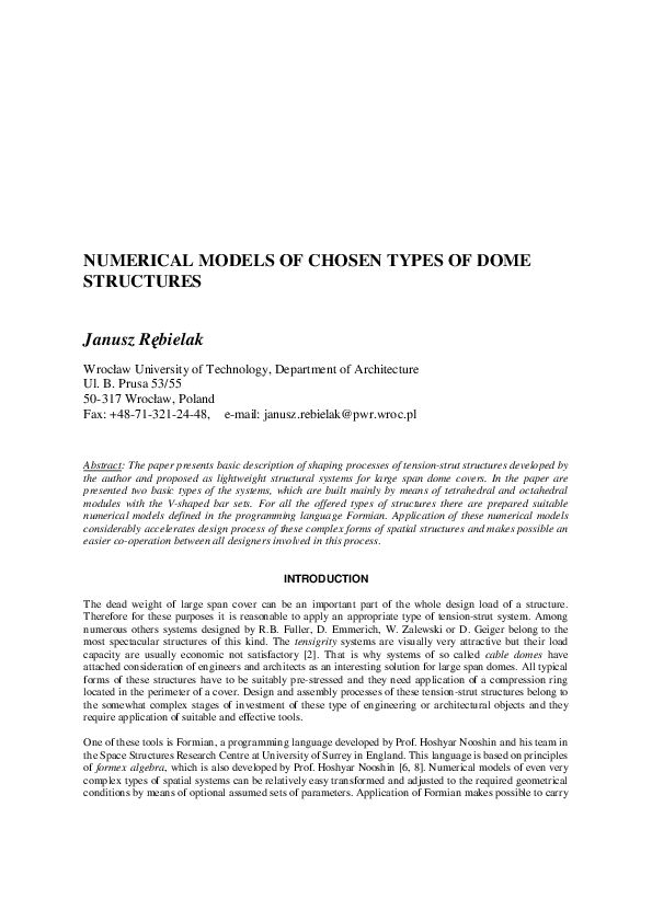 (PDF) Numerical Models of Chosen Types of Dome Structures