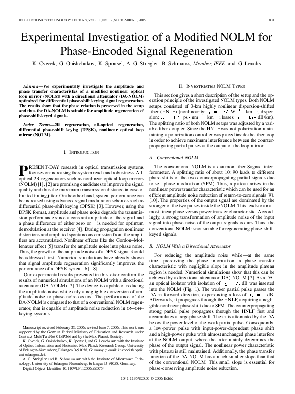 (PDF) Experimental investigation of a modified NOLM for phase-encoded ...
