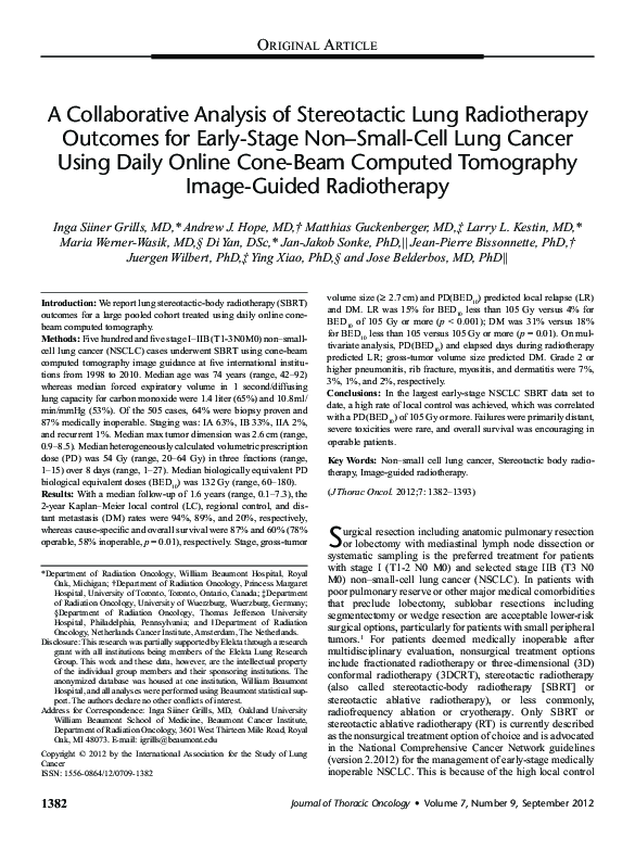 (PDF) A Collaborative Analysis of Stereotactic Lung Radiotherapy (Lung SBRT) Outcomes for Stage ...