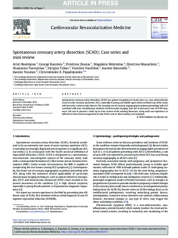 (PDF) Spontaneous Coronary Artery Dissection (SCAD): Case Series and ...