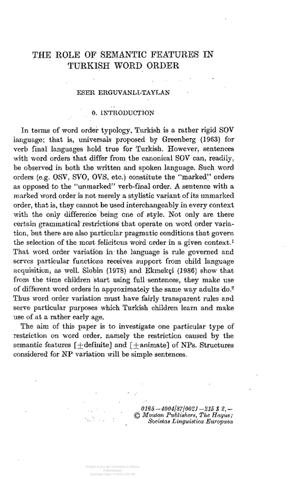 (PDF) The Role of Semantic Features in Turkish Word Order