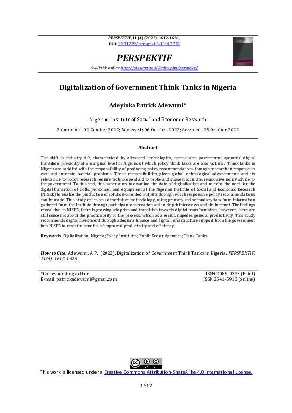 (PDF) Digitalization of Government Think Tanks in Nigeria