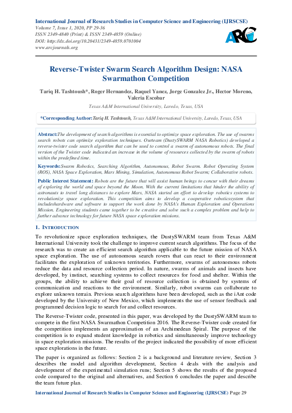 (PDF) Reverse-Twister Swarm Search Algorithm Design: NASA Swarmathon ...