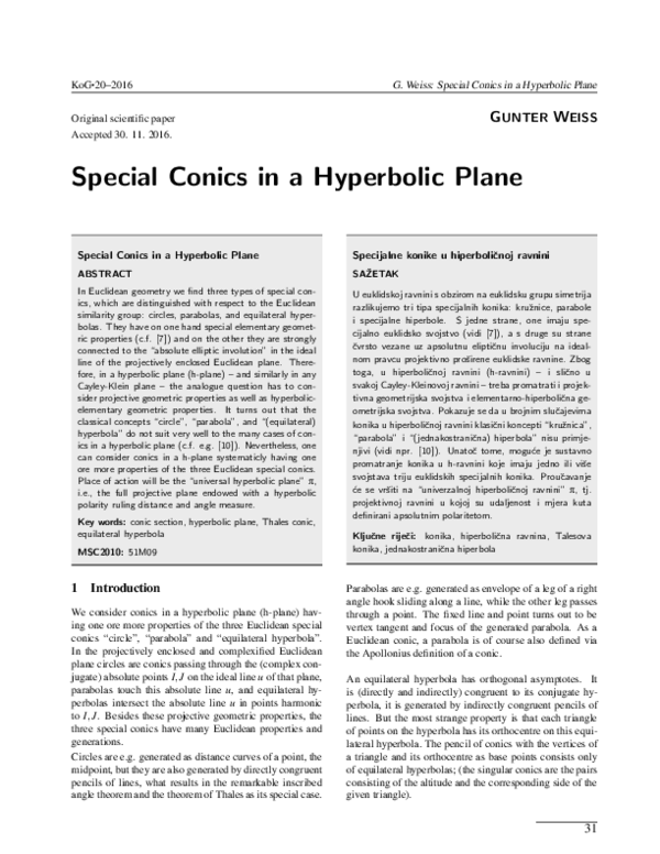 (PDF) Special Conics in a Hyperbolic Plane