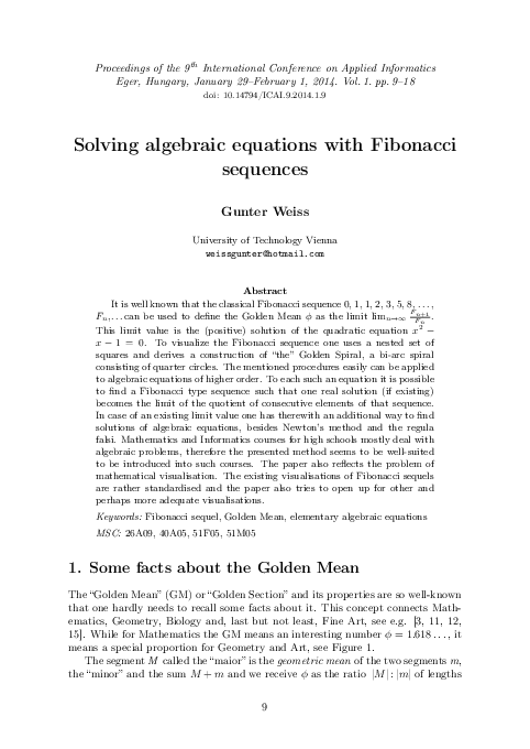 (PDF) Solving algebraic equations with Fibonacci sequences