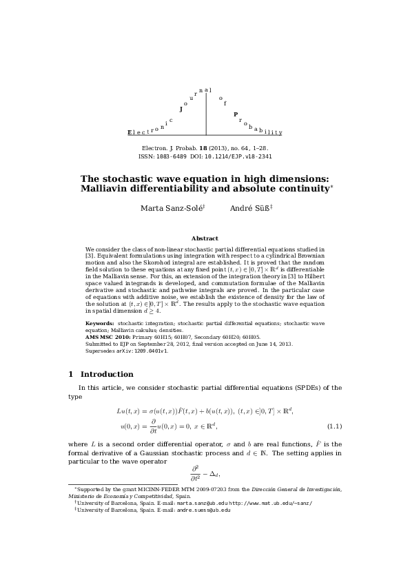 (PDF) The stochastic wave equation in high dimensions: Malliavin differentiability and absolute ...