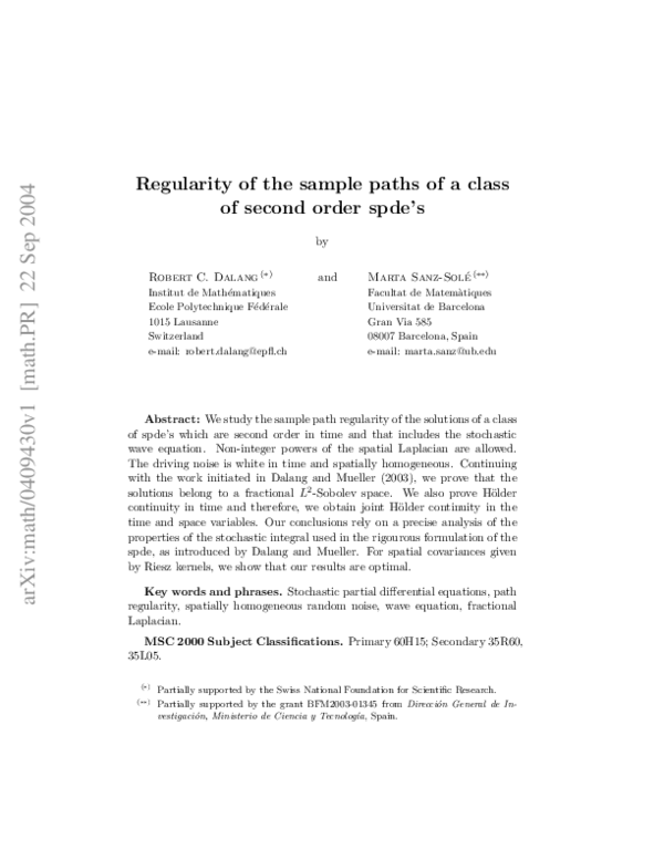 (PDF) Regularity of the sample paths of a class of second-order spde's