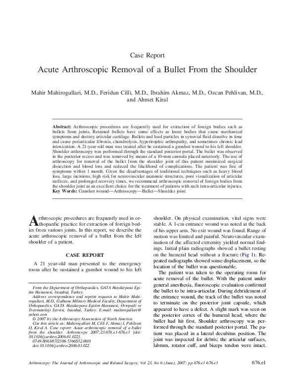 (PDF) Acute Arthroscopic Removal of a Bullet From the Shoulder ...